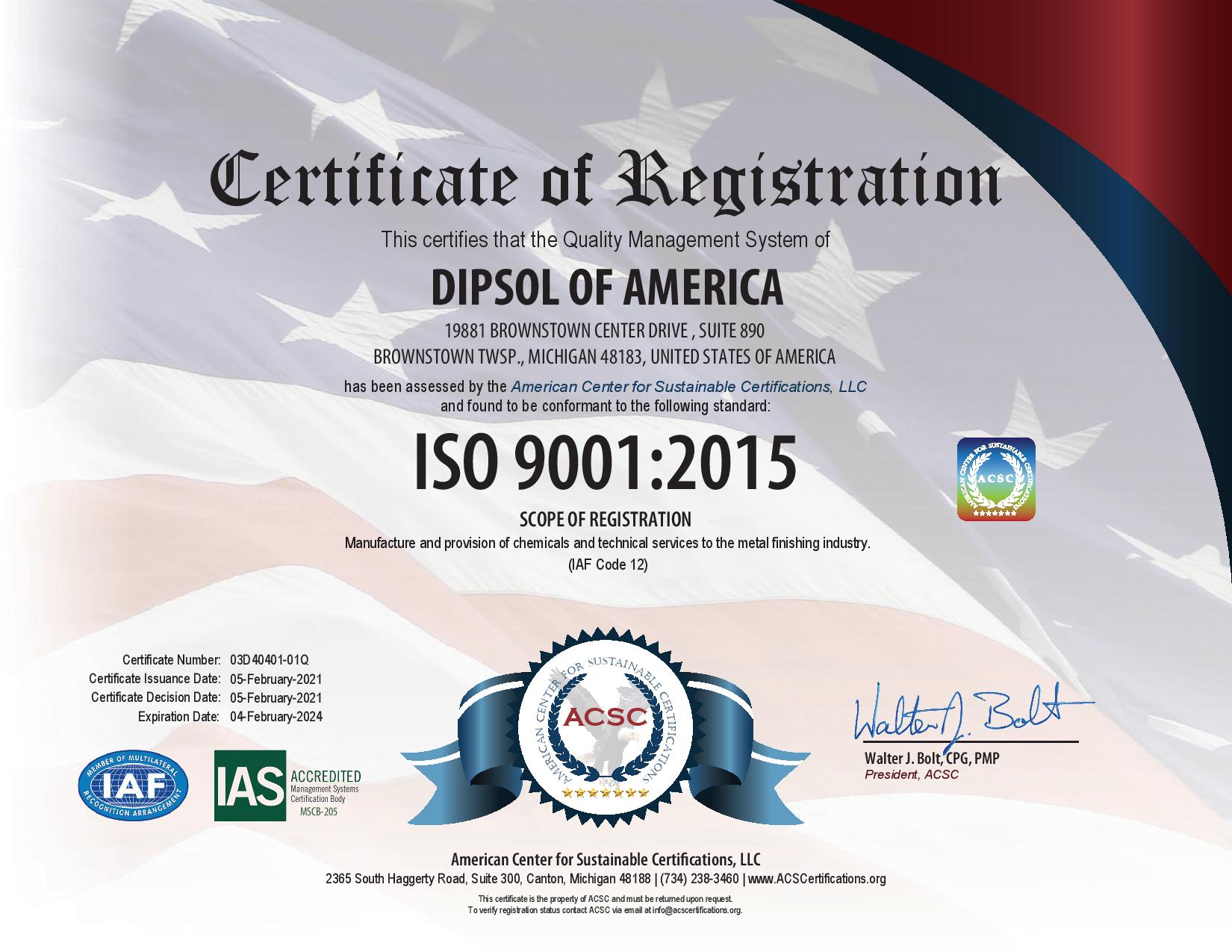 ISO Certificate - Dipsol of AmericaDipsol of America