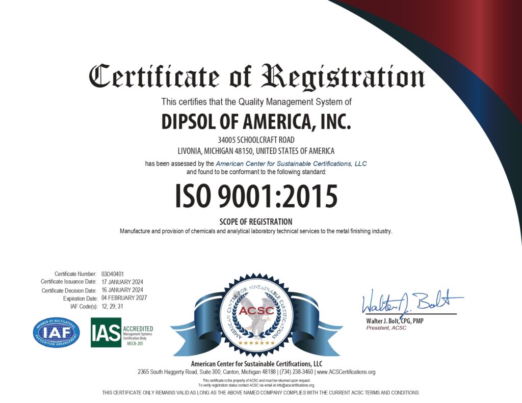 ISO Certificate - Dipsol of AmericaDipsol of America